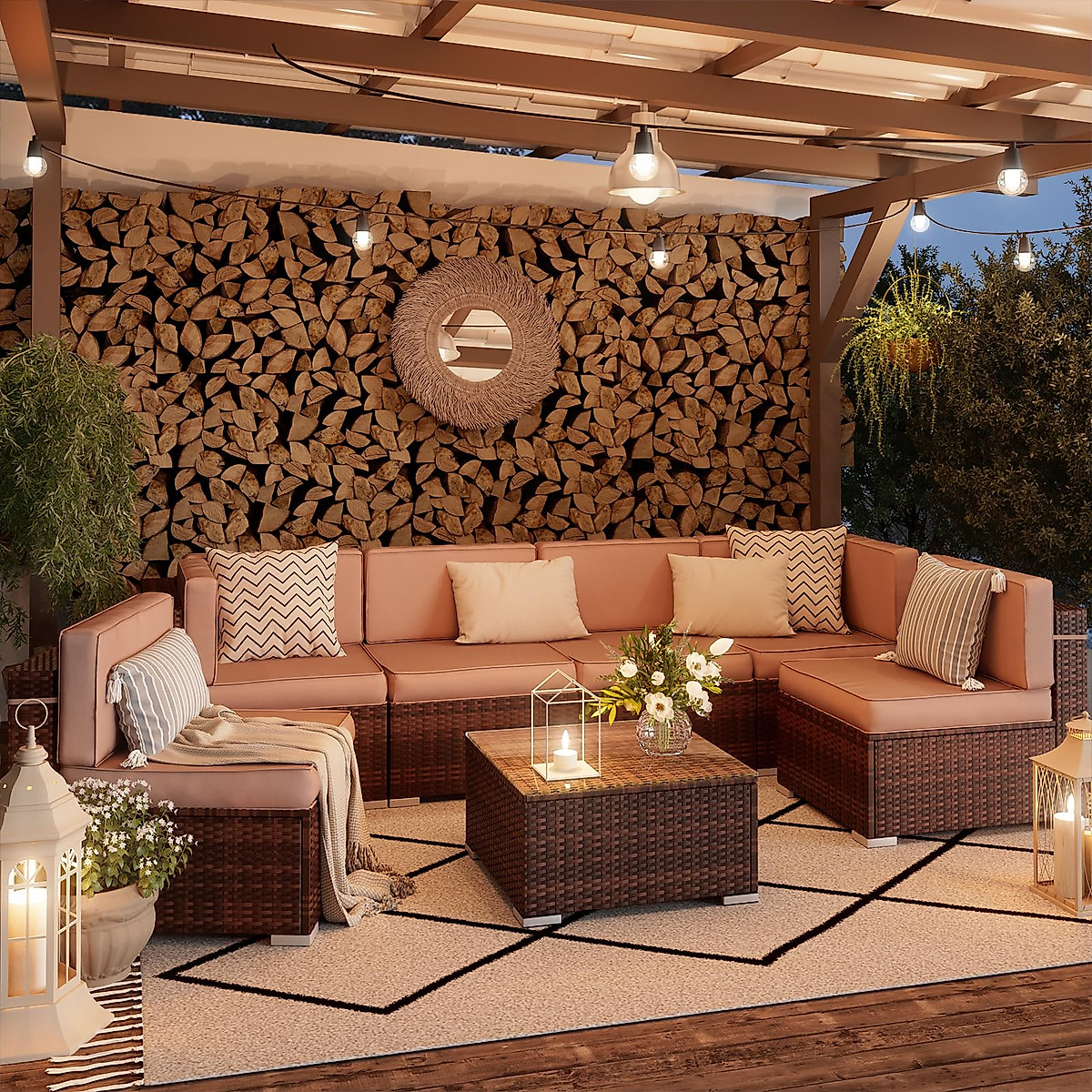 UDPATIO Outdoor Patio Furniture Sets 7 Pieces Outdoor Sectional Furniture, PE Rattan Sofa Wicker Patio Conversation Set with Cover for Deck Balcony Yard Poolside w/Coffee Table Thicken Cushions, Khaki