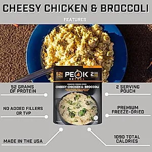 Peak Refuel Cheesy Chicken & Broccoli | Premium Freeze Dried Camping Food | Backpacking & Hiking MRE Meals | Just Add Water | 100% Real Meat | 52g of Protein | 2 Serving Pouch