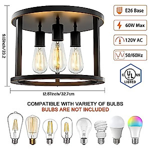 APOTO 3-Lights Semi Flush Mount Ceiling Light Fixture,Black Hallway Light Fixture,Industrial Light Fixture Ceiling Mount,Farmhouse Close to Ceiling Lamp for Entryway Kitchen,Bulb not Included, 2 Pack