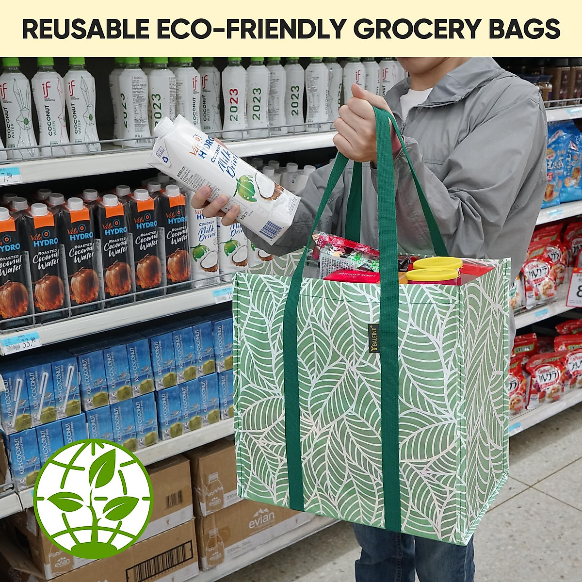 BALEINE 4 PK Grocery Bags Reusable Shopping Bags with Reinforced Bottom, Heavy Duty Foldable Tote Bags (Antique Folidage)