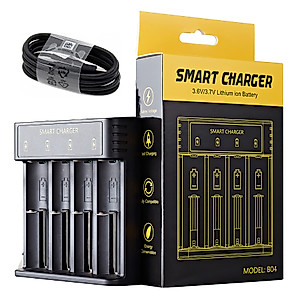 18650 Battery Charger 4 Bay Smart Universal Charger for 3.7V Rechargeable Batteries Li-ion Batteries 18650 26650 14500 16340(CR123) 21700 18490 18350 Batteries (Not Battery)