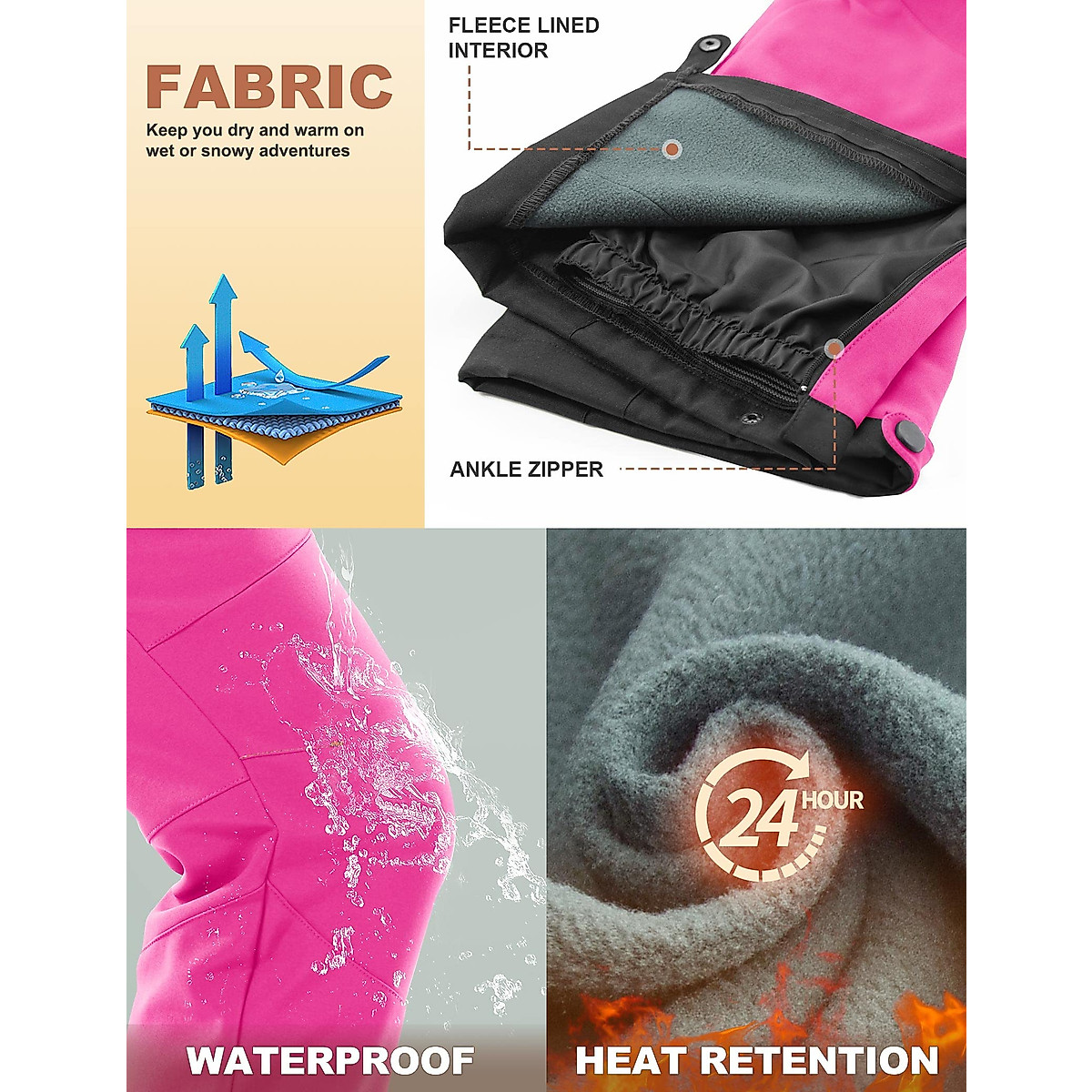 Heathyoga Women’s Snow Pants Waterproof Ski Pants for Women Snowboard Pants Women’s Hiking Pants Fleece Cargo Pants Pink