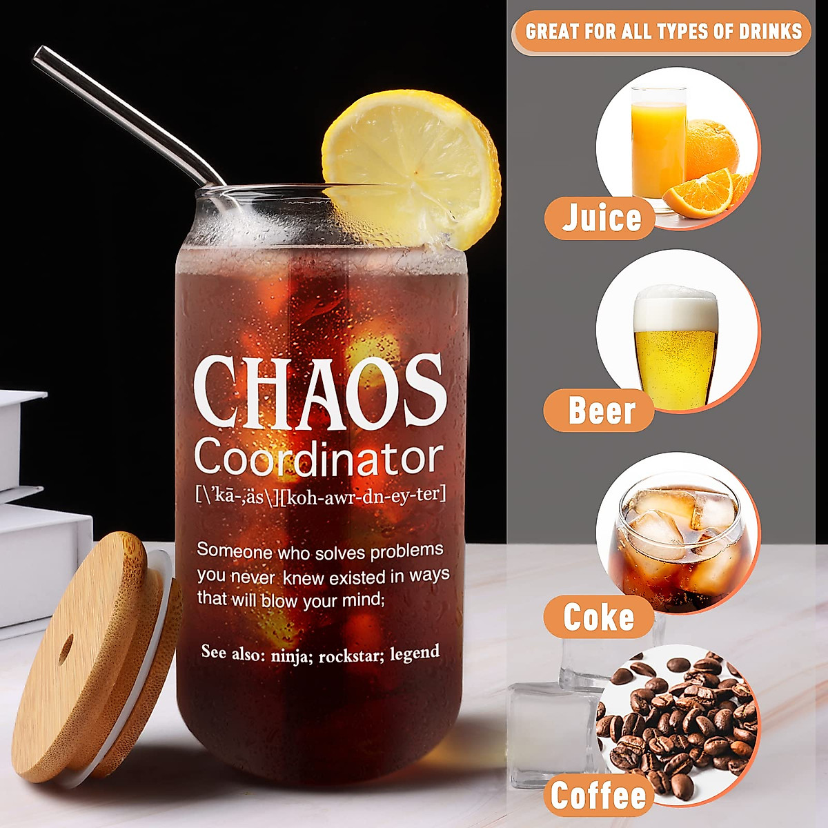 Vakuny Chaos Coordinator Glass Cup - Coworker Gifts for Women - Boss Lady Gifts for Her - Funny Birthday Gifts for Boss, Friends, Teacher, Mom - 16Oz Thank You Gifts Office Beer Can Glass