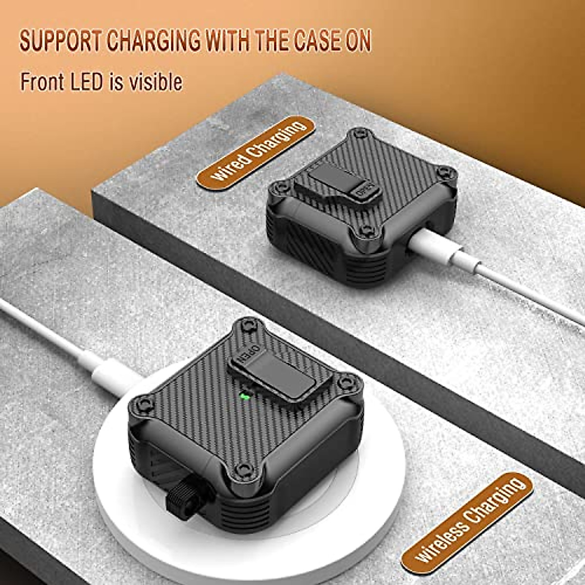 R-fun Airpods 3rd Generation Case with Automatic Secure Lock Clip, Armor Protective Hard TPU Case Cover for Apple Airpods 3 2021 Charging Case with Carbon Fiber Keychain-Black