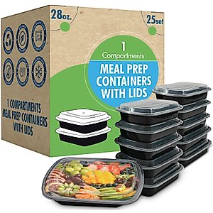 Meal Prep Container Reusable with Lids [25 Set] 28oz Ideal- Food Prep Containers, Food Storage Bento Box, Portion Control | Stackable | Microwave | Dishwasher | Freezer Safe