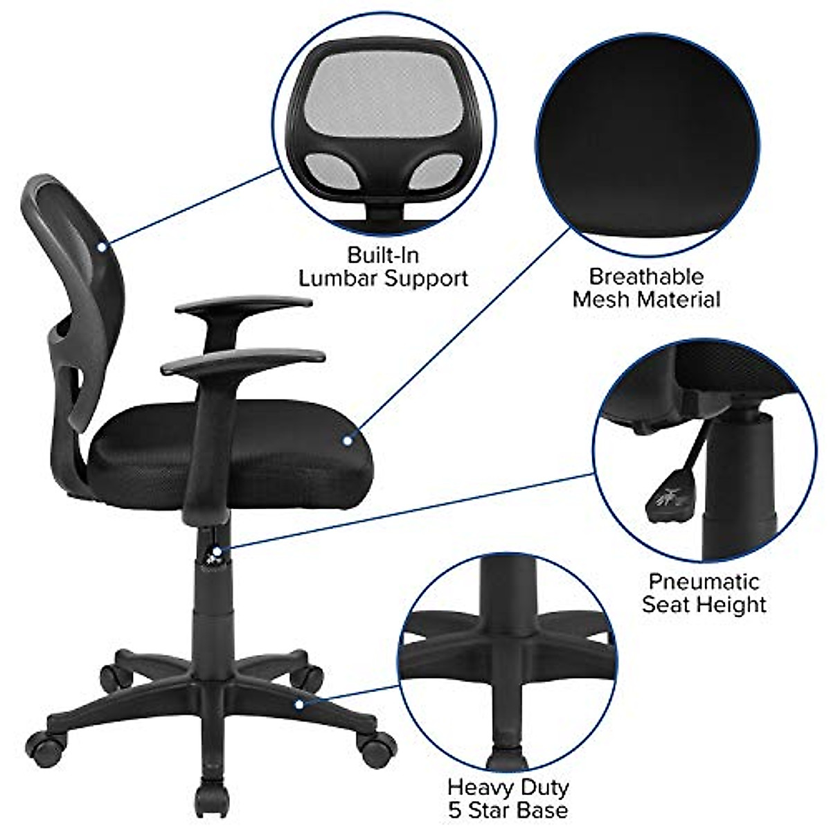 Flash Furniture Mallard Mid-Back Black Mesh Swivel Ergonomic Task Office Chair with T-Arms - Desk Chair