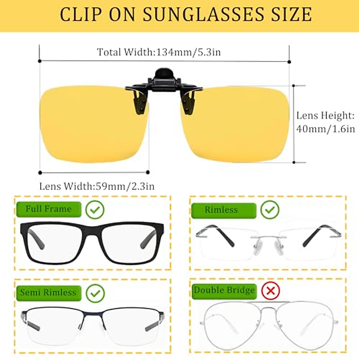 FRAZALA Polarized Clip On Night Vision Glasses for Driving Over Prescription Glasses UV400 Protection Lenses (Night Vision x 2)