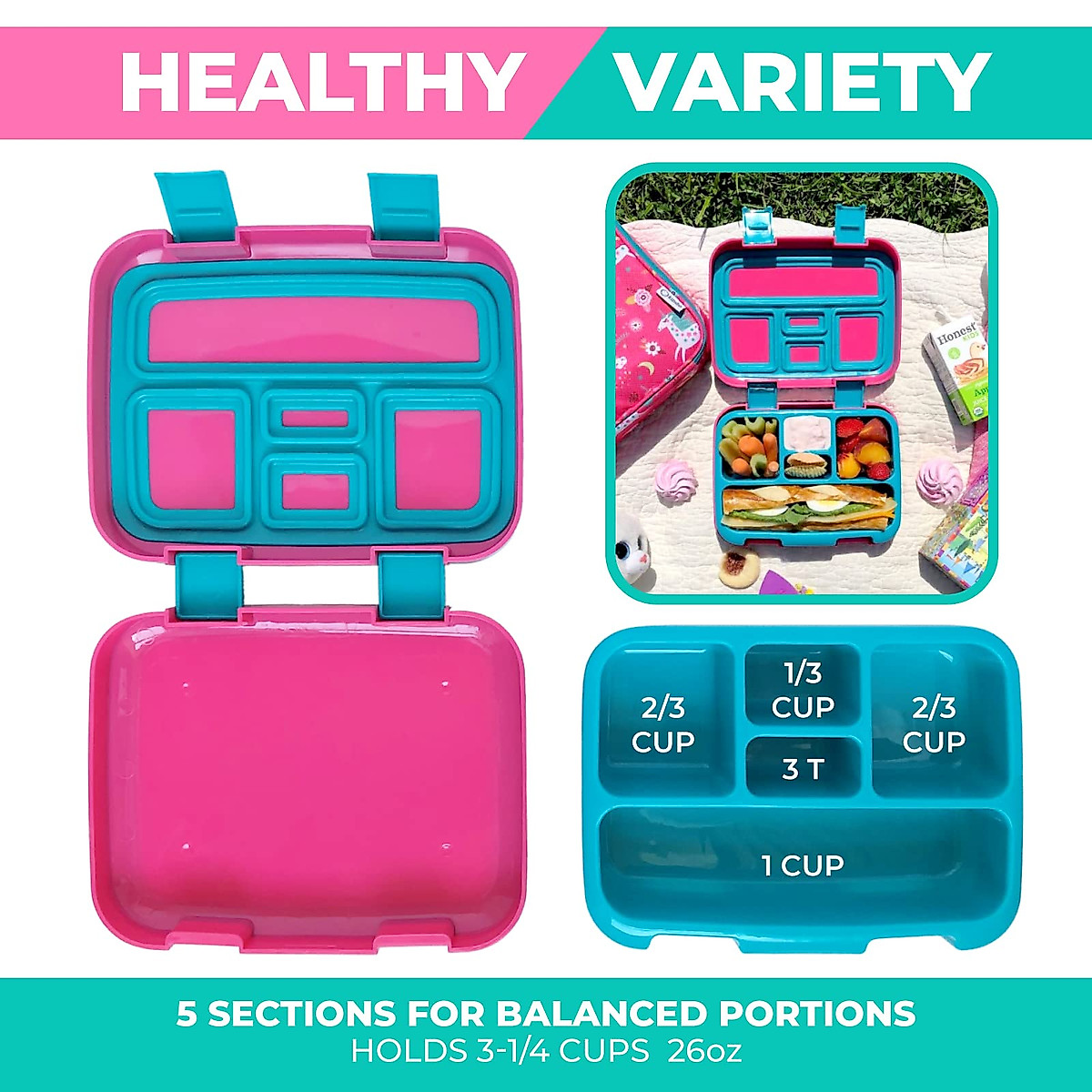 Bento Lunch Box with Insulated Bag, Water Bottle Ice Pack Set for Kids Toddlers, 5 Portion Sections, BPA Free Removable Tray, Pre-School Kid Toddler Daycare Lunches, Snack Container, Pink Unicorn
