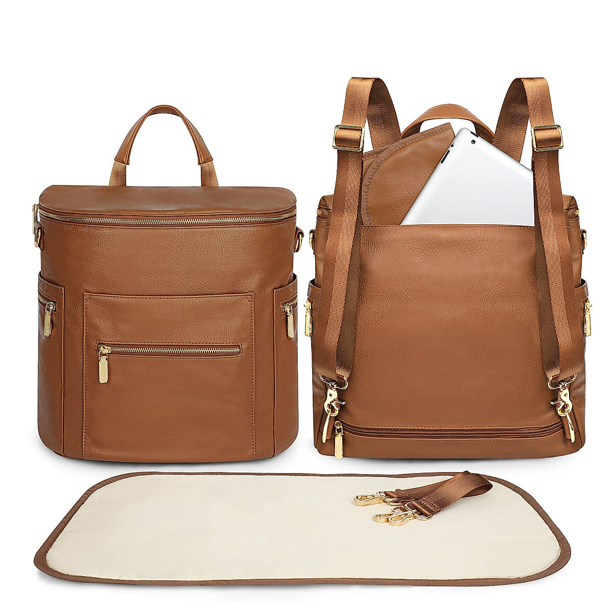 miss fong Diaper Bag Backpack Baby Diaper Bag, Large Leather Diaper Bag Backpack with Changing Pad, Stroller Straps, and 2 Insulated Pockets(Convertible, Brown)