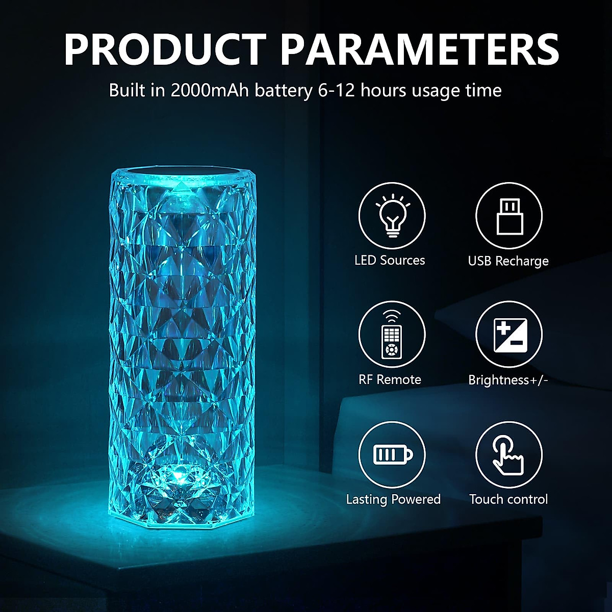 ZsIturey 16 RGD Color Changing Crystals Small Table Lamp Rose Diamond Touch Lamp Romantic Dimmable LED Night Light Festive Atmosphere Light USB Charging Night Light, Bedroom, Dining, Party, Bar