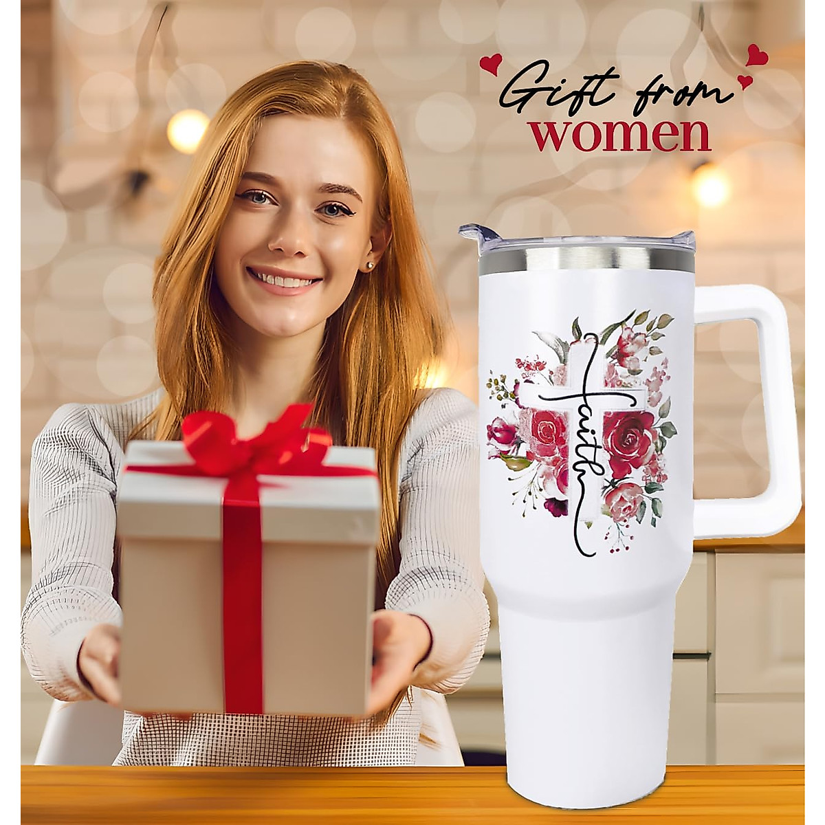 ZNYYZYBA Christian Gifts for Women - Religious Gifts for Women, 40 oz Christian Tumbler with Handle and Straw and Leak Proof Lid, Reusable Stainless Steel Insulated Travel Coffee Mug