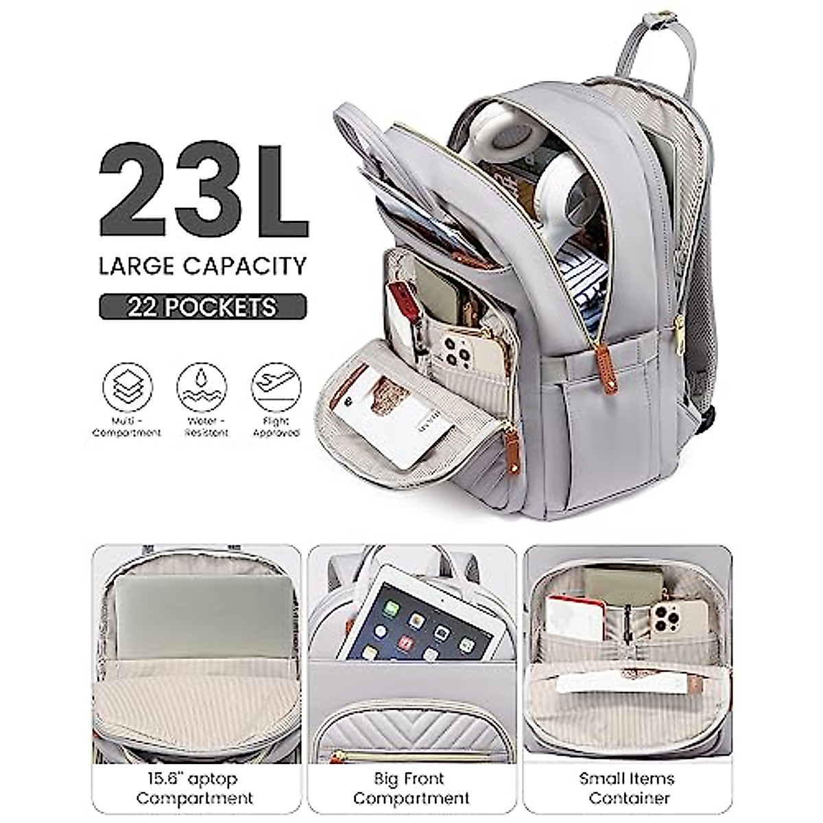 LOVEVOOK Travel Laptop Backpack, 15.6 Inch Anti-Theft Waterproof Stylish Purse Bag with USB Port, Lightweight Casual Day Backpacks for Women Men Work Business Nurse, Grey