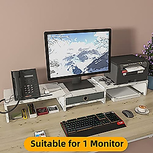 WESTREE Dual Monitor Stand Riser with Drawer-Monitor Stand Riser for 2 Monitors, Adjustable Length and Angle, 2 Phone Hold,Desktop Organizer Stand for Computer/Laptop/PC/Printer
