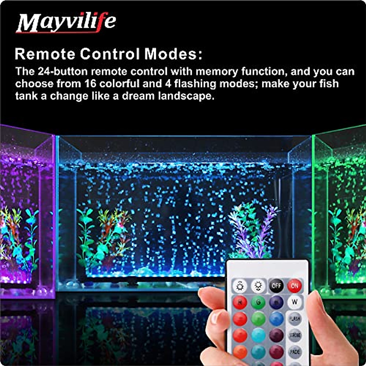 Mayvilife Aquarium Air Bubble Light, IP68 Waterproof Color Change Fish Tank Light with 16 Colors & 4 Flash Modes -12in