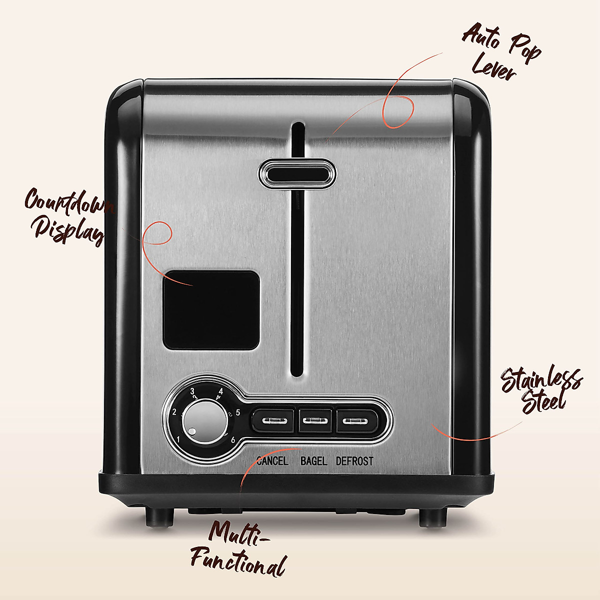 Peach Street 2 Slice Toaster Compact Bread Toaster with Digital Countdown, Wide Slots, Auto-Pop Stainless Steel, 6 Browning Levels, Removable Crumb Tray, with Defrost, Bagel, and Cancel Function