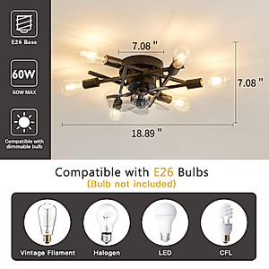 ASGYISA Modern Black Matte Ceiling Fan with Light Industrial 6 Lights Low Profile Flush Mount Fandelier with Remote Control for Farmhouse Kitchen Dining Room Bedroom