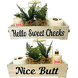 Funny Bathroom Decor Box - Toilet Paper Holder, Toilet Tank Topper, Bathroom Box for Toilet- Farmhouse Bathroom Box Organizer - Double Sided Prints Bathroom Decoration (Rustic White)