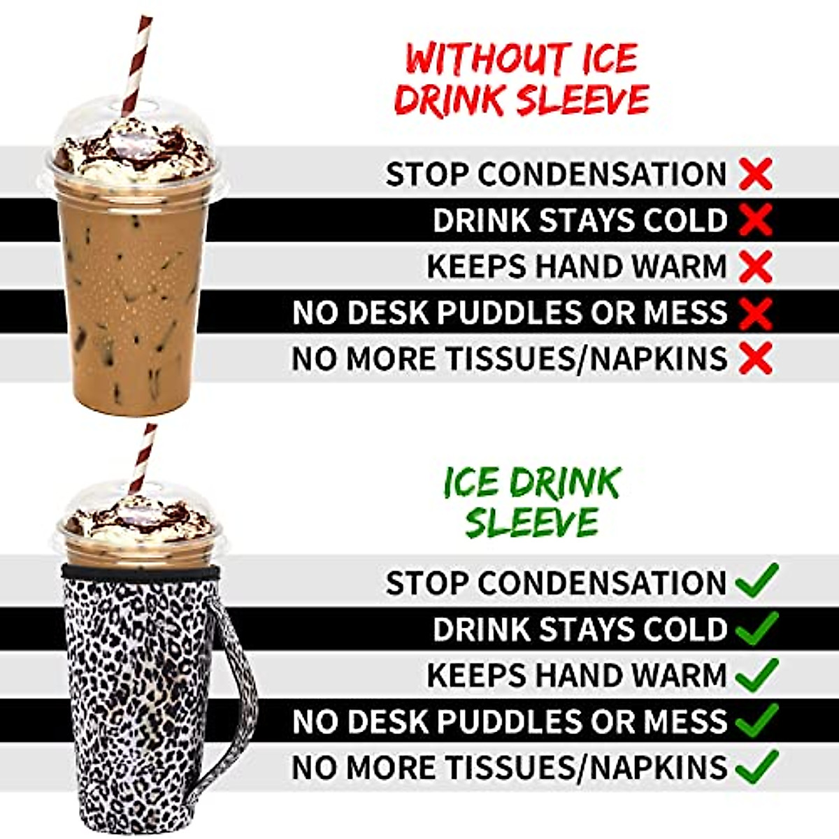 TIESOME Reusable Iced Coffee Sleeves, Leopard Print 3 Pieces Neoprene Cup Sleeve Coffee Cup Holder for Iced & Hot Drinks Beverages Sleeve for Most Coffee S+M+L 3 Size