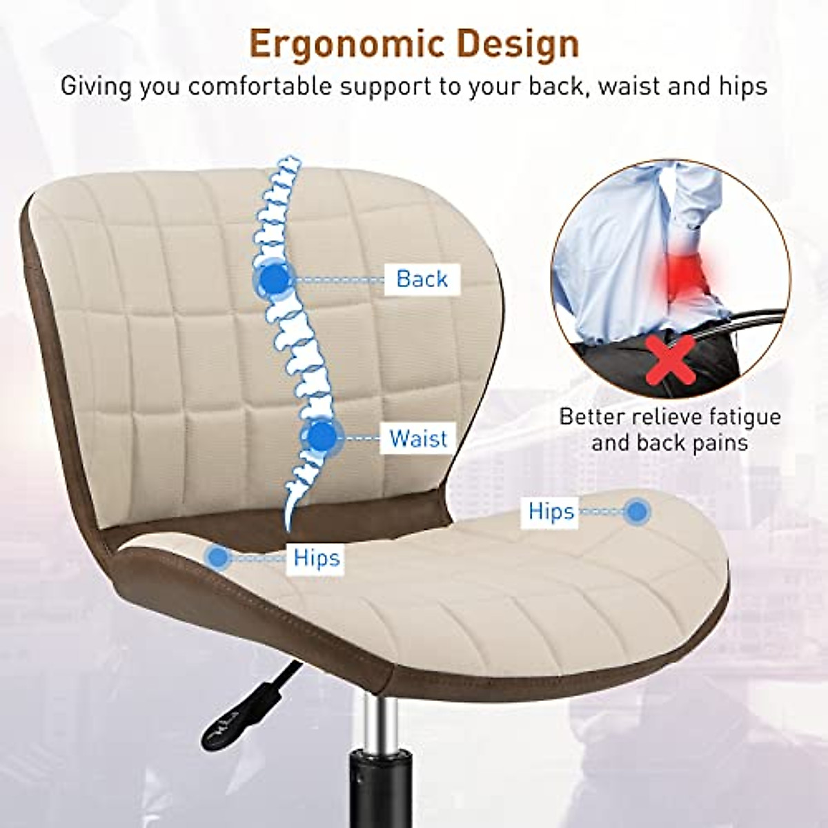 Giantex Home Office Desk Chair, 360° Swivel Height Adjustable Office Chair w/PU Leather, Modern Office Chair, Ergonomic Curved Wood Desk Chairs, Leather Armless Task Chair for Office, Beige & Brown