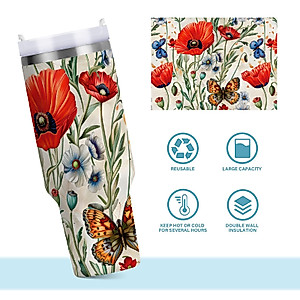 FENOCHE Red Poppy Flowers Butterfly 30 oz Tumbler Insulated Cups Stainless Steel Water Bottle with Handle Lid and Straw Tumblers for Car Cup Holder