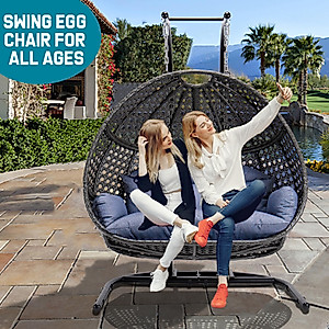 2 Person Swing Chair with Stand, X-Large Wicker Rattan Hanging Egg Chair Loveseat Chair with Cushion and Cover for Indoor Outdoor Bedroom Patio Garden (Black Frame + Dusty Blue Cushion)