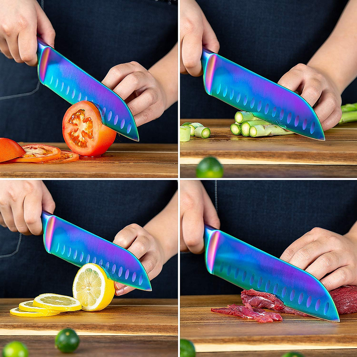 Santoku Knife 7 Inch WELLSTAR, Super Sharp German Steel Kitchen Cooking Knife with Comfortable Handle and Rainbow Titanium Coating for Chopping Slicing Dicing and Mincing of Meat Vegetables and Fruits
