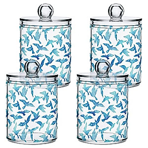 xigua 2 Pack Flying Birds Blue Apothecary Jars with Lid, Qtip Holder Storage Containers for Cotton Ball, Swabs, Pads, Clear Plastic Canisters for Bathroom Vanity Organization (10 Oz)