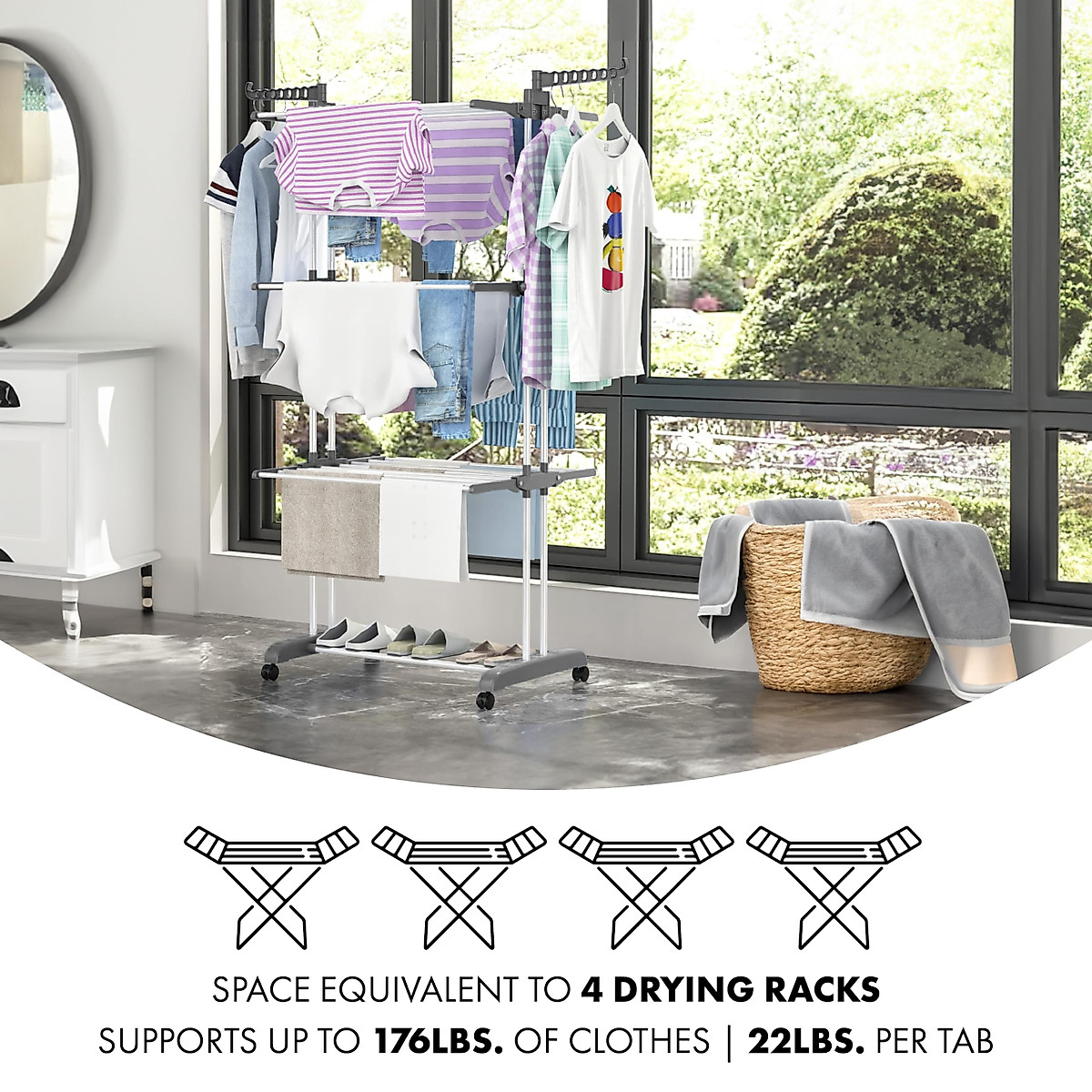 Pogala, Clothes Drying Rack, Indoor, Outdoor Laundry Drying Rack, with Foldable Wings, Space Saving Laundry Rack, Laundry Hanger Dryer Rack, Includes 2 Packs of Stainless Hangers for Underwear