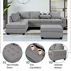 Eafurn Velvet Upholstery Convertible Sectional Sofa with Reversible Chaise, L Shaped Corner Couch with Storage Ottoman and 2 Cup Holders,Button Tufted 6 Seater Sofabed for Living Room Furniture Sets