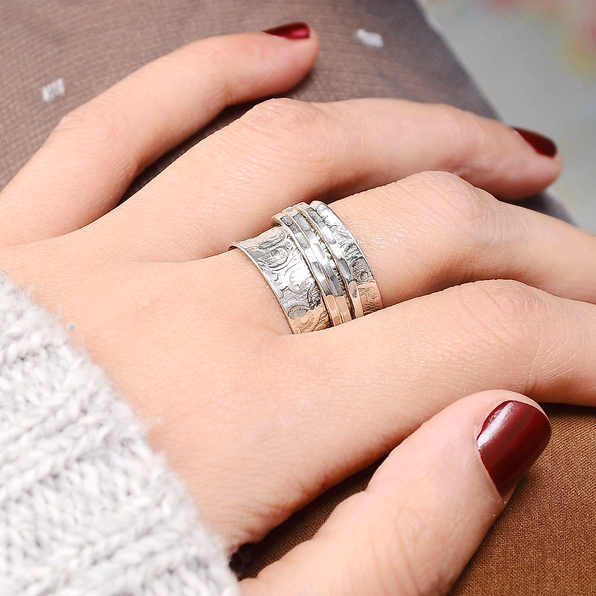 Boho-Magic 925 Sterling Silver Spinner Ring for Women | 3 Spinning Rings Bands | Fidget Meditation Anxiety | Wide Statement Chunky Jewelry Size 7-9 (8)