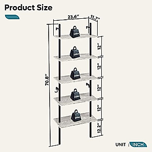 Bestier 70" Industrial Wall-Mounted Ladder Shelf 5 Tier Bookshelf with Storage Organizer Plant Flower Display Stand Round Tube Bookcase Rack with 2 Hooks for Home Office, Gray