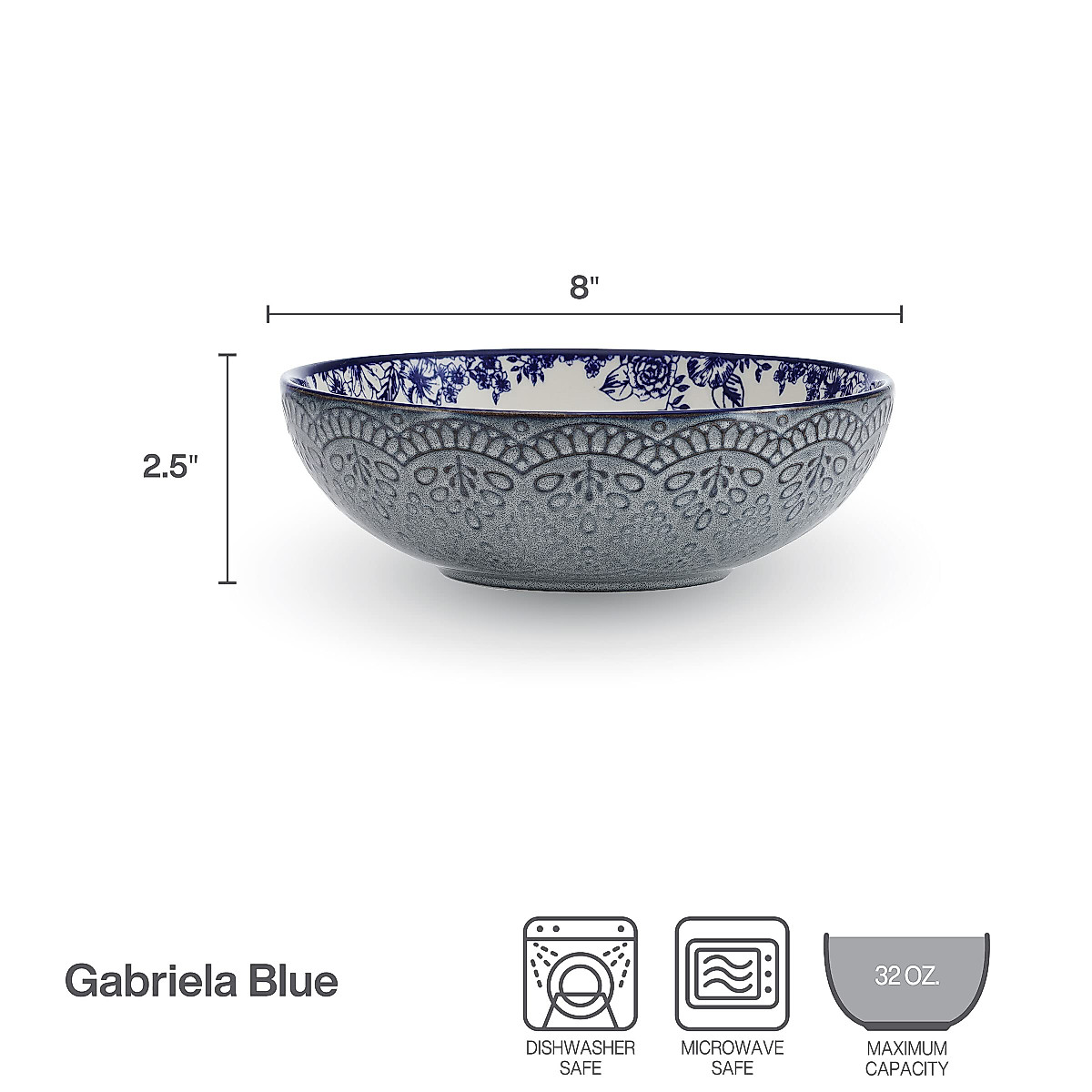 Pfaltzgraff Gabriela Blue Floral Set of 2 Pasta Bowls, 8 Inch, Blue and White