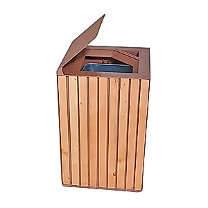 Trash Can Outdoor Square Trash Can, Large-Capacity Commercial Trash Can with Solid Steel Frame and 1 Wooden Panel, Creative Vintage Trash Can Outdoor Trash Can