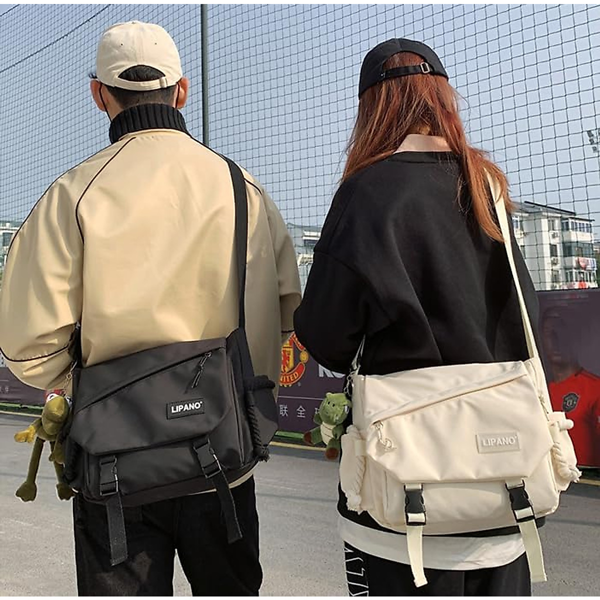 Inshere Aesthetic Crossbody Bag with Cute Pins and Ornament, Casual Shoulder Messenger Bag Japanese Kawaii Bag for Women Men (White)