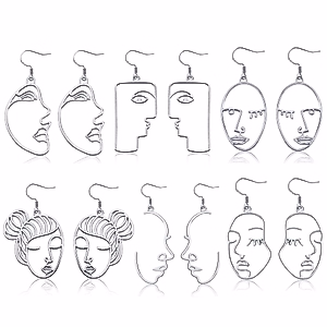 925 Sterling Silver Human Face Earrings Hollowed out Abstract Drop Dangle Earrings Vintage Boho Bohemian Earrings Set Hypoallergenic Statment Geometric Earrings for Women