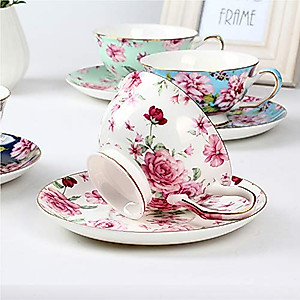 BTäT- Floral Tea Cups and Saucers, Set of 4 (7oz) with Gold Trim and Gift Box, Cappuccino Cups, Latte Cups, Tea Set for Adults, Porcelain Tea Cups, Tea Cups for Tea Party, Rose Teacups, China Tea Cups