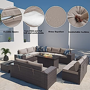 Gotland 13 Piece Large Outdoor Furniture Set, 10 Seater Wicker Patio Furniture Set, All Weather Deck Wicker Conversation Set with 43" Fire Pit Table has 10 Sofa Seats, 2 Coffee Tables and 4" Cushion’
