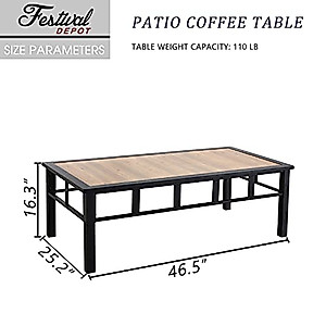 Festival Depot Patio Coffee Table Rectangle Metal Table with Wood Grain Tabletop All-Weather Outdoor Furniture for Deck Poolside Garden (25.2" x 46.5" x 18.3")
