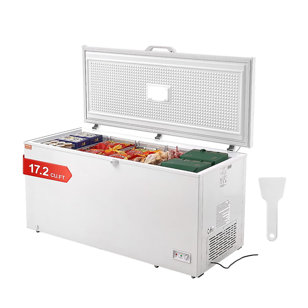 VEVOR Chest Freezer, 17.2 Cu.ft / 488 L Large Deep Freezer & 4 Removable Baskets, Freestanding Top Open Door Commercial Chest Freezers with Locking Lid, 7-Level Adjustable Temp, LED Lighting, 6 Wheels