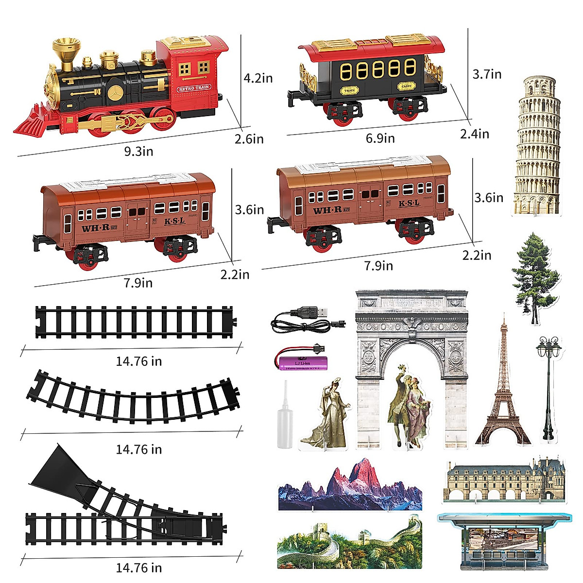 Locomoto Train Set - Electric Train Toys w/Smoke, Light and Sounds (ON/Off), Toddler Train Sets for Boys 2-4 w/Steam Locomotive Engine, Carriages and Tracks, Christmas Toy Train for Preschool Kids