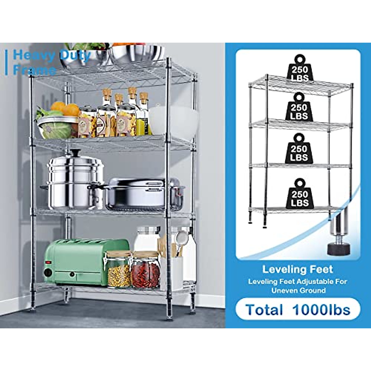 Storage Shelves, 4-Tier Heavy Duty Kitchen Shelves, NSF Certified Height Adjustable Metal Shelf Organizer for Laundry Bathroom Kitchen Office Pantry Organization 1000 LBS Capacity 36"Lx14"Wx54"H