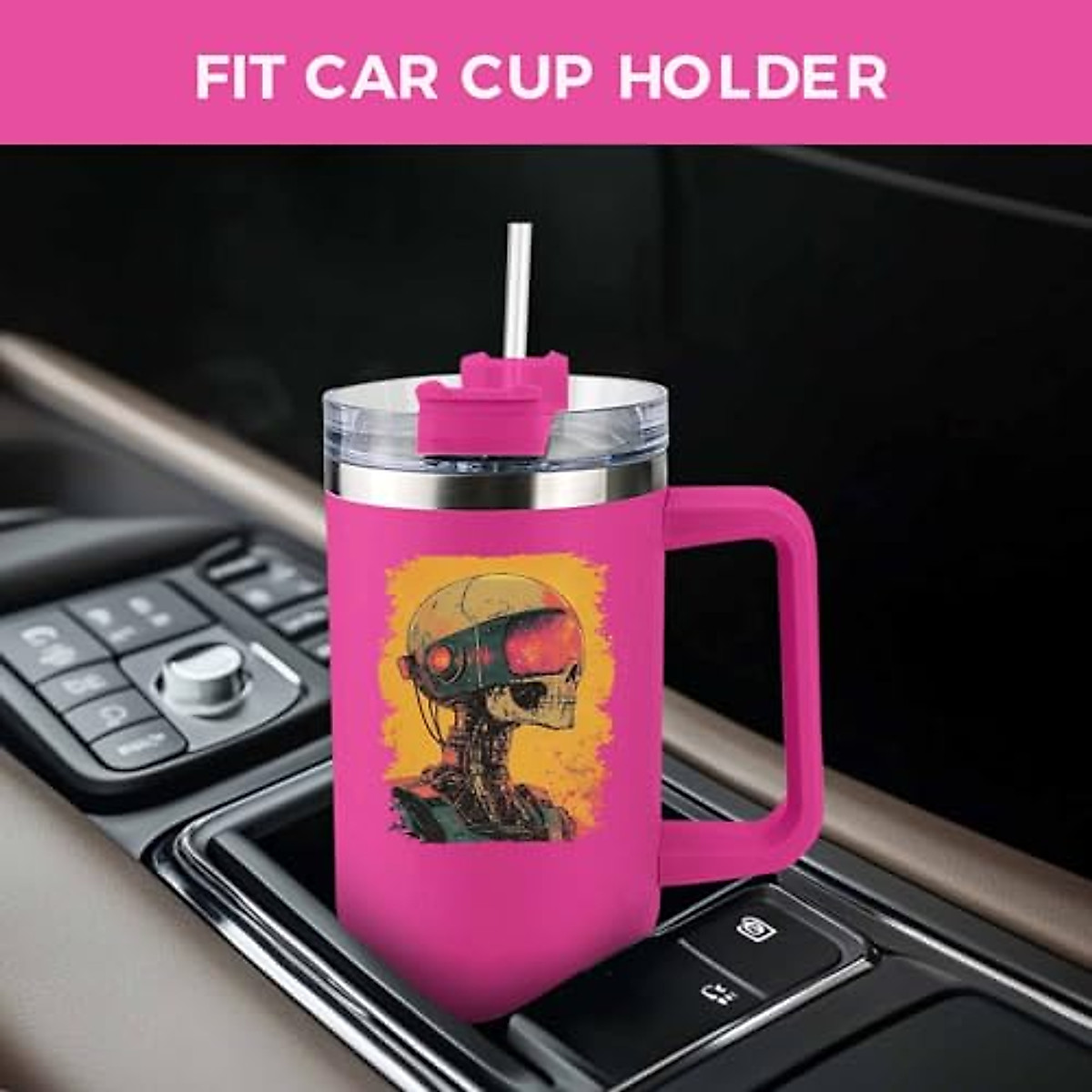 LB LEOBON 40 ounce insulated cup with handle, double-layer vacuum stainless steel material, equipped with straw, can keep warm or maintain cold drinks Neone Poppe Skeletons 3 Bright pink