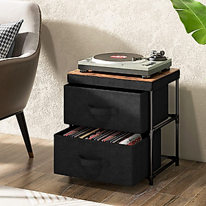 Giantex Nightstand with 2 Fabric Drawers, Small Storage Dresser with Metal Frame and Wood Top for Closet, 2-Drawer Bedside Table with Removable Lid for Bedroom Dorm, Easy Assembly (1, Black)