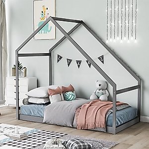 Bellemave Montessori Bed for Toddlers, Twin House Beds for Kids, Wood Floor Bed Frame Bedroom Furniture for Girls Boys, Spring Needed, Gray
