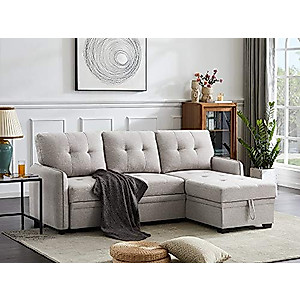 INFINI FURNISHINGS 84" Wide Sectional Sofa with Pull Out Sleeper Bed, Reversible Storage Chaise Lounge, Modern Tufted Line Design Sofabed, Light Gray