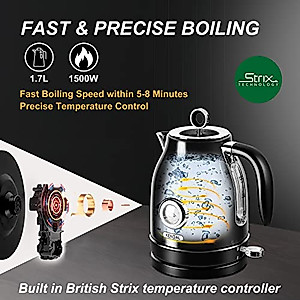 1.7L Stainless Steel Electric Water Kettle Boiler with Thermometer, Temperature Gauge and Auto Shut Off, 1500W Hot Water Heater with Boil Dry Protection, Black