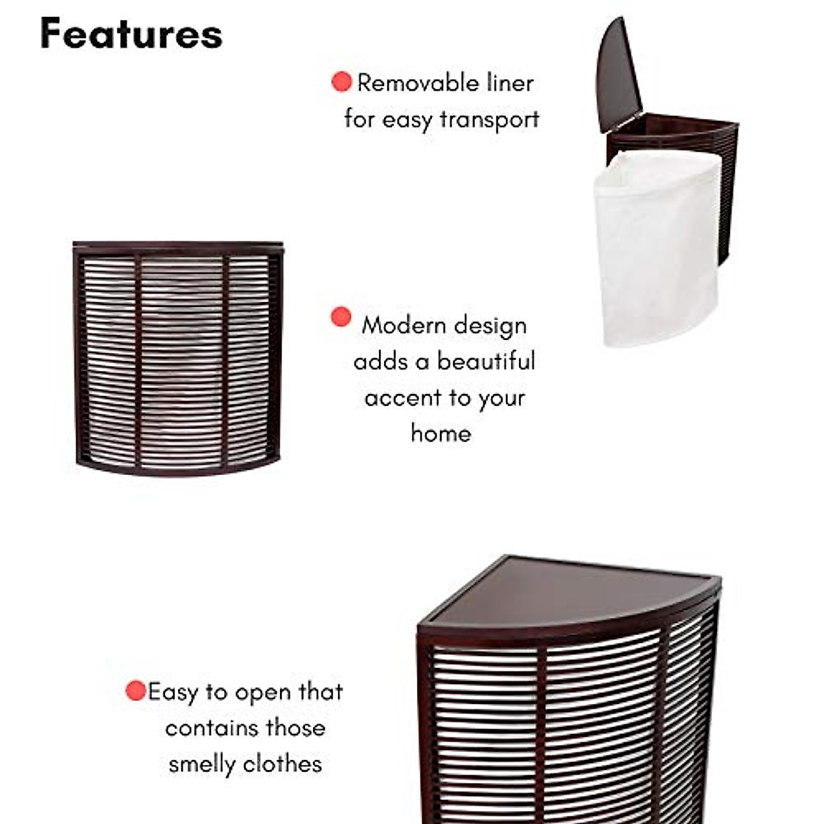 BirdRock Home Compact Corner Laundry Hamper with Lid and Removable Liner - Small - Brown Bamboo - Easily Transport Laundry - Baby Dirty Clothes Bin Sorter Basket - Cut Out Handles