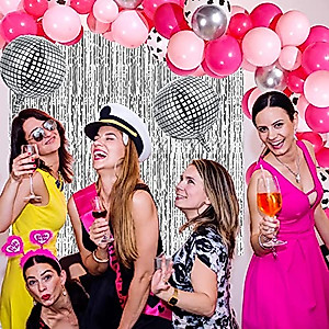 HyDren 95 Pcs Western Disco Party Decorations for Women, Hot Pink Rose Red Silver Cowgirl Balloon Arch 4D Ball Fringe Curtains Theme Last Rodeo Bachelorette Supplies