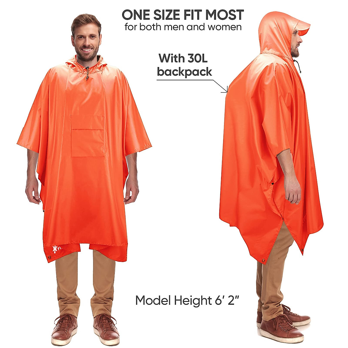 PTEROMY Hooded Rain Poncho for Adult with Pocket, Waterproof Lightweight Unisex Raincoat for Hiking Camping Emergency (Orange)