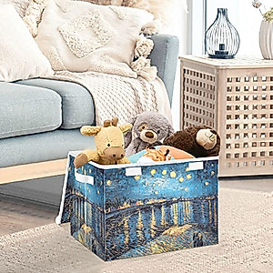 Starry Night over The Rhone Storage Basket 16.5x12.6x11.8 In Collapsible Fabric Storage Cubes Organizer Large Storage Bin with Lids and Handles for Shelves Bedroom Closet Office